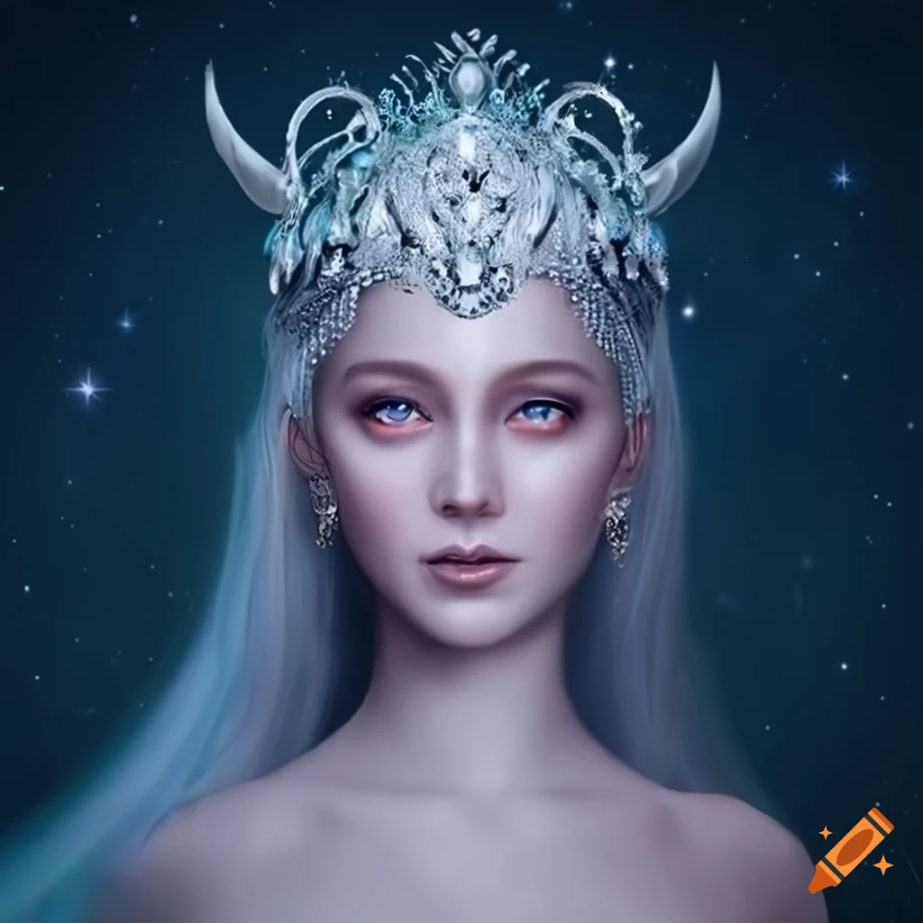 Mythical goddess with silver hair and flowing white dress illuminated ...