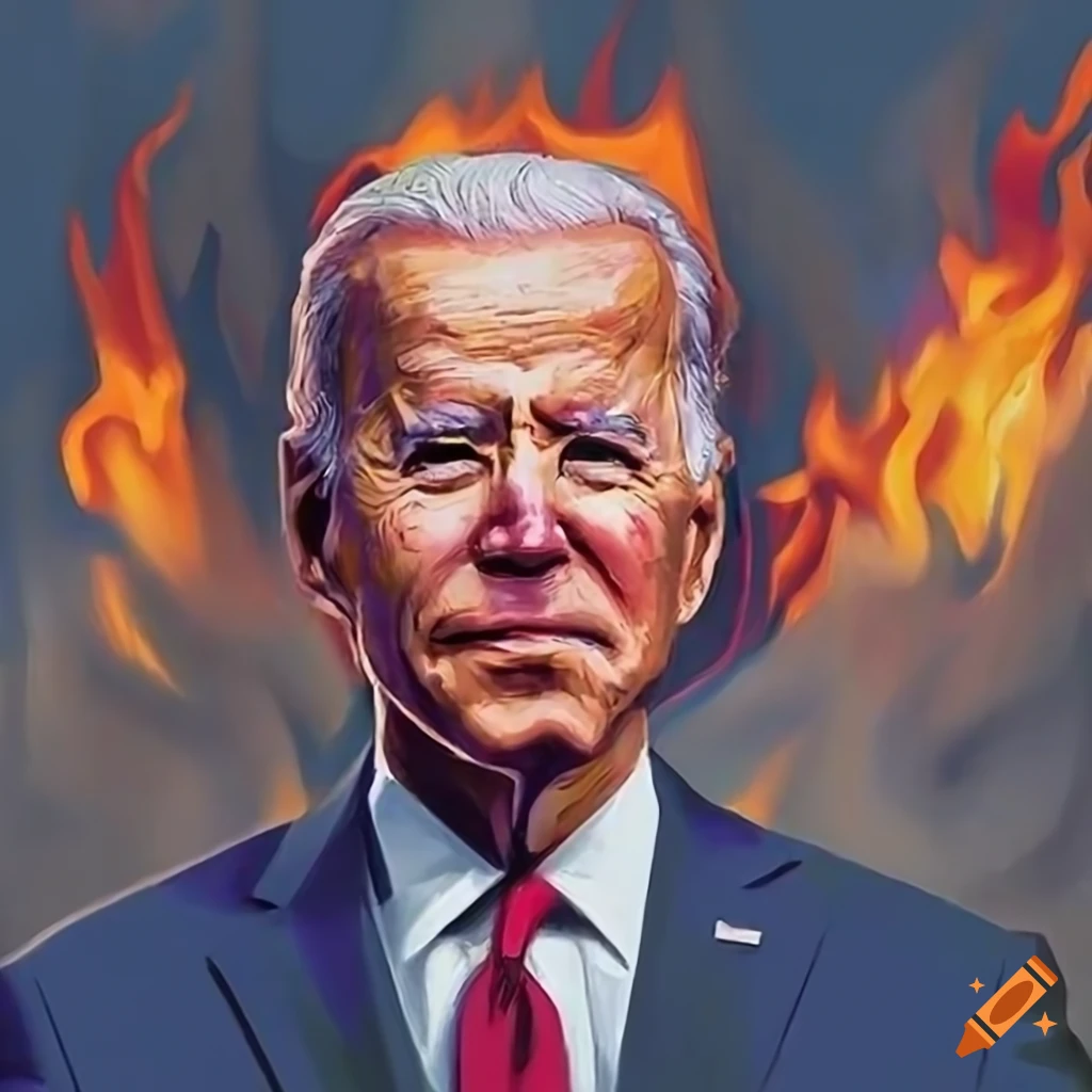 Joe biden with a dramatically burning world in realistic artwork on Craiyon