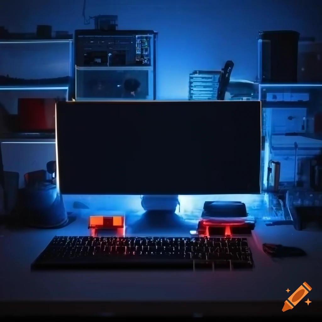 Engineer working on desktop computer at night with dramatic lighting on ...