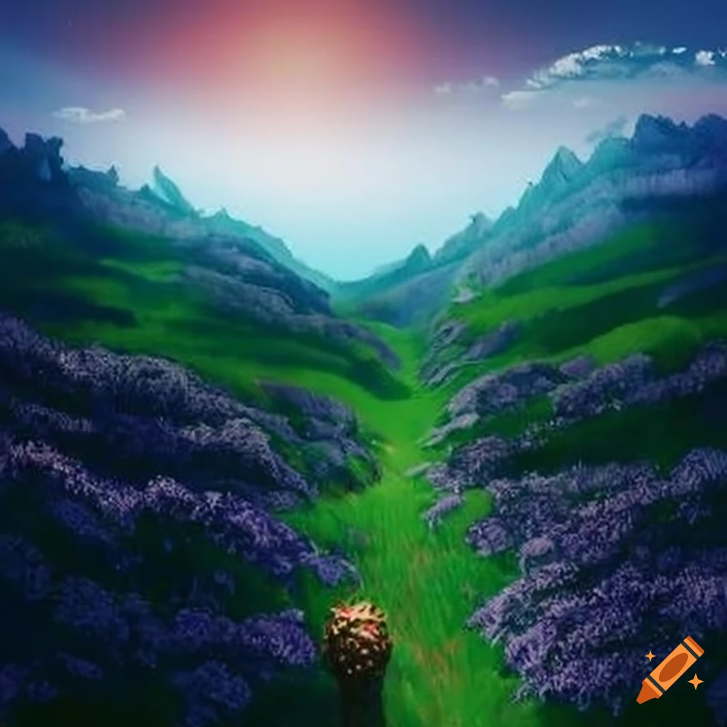 Blueberry hill rising above strawberry fields on Craiyon