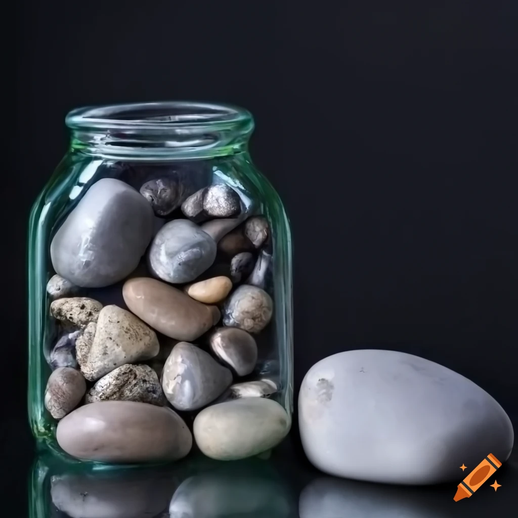 Glass jar filled with small stones next to big stones on Craiyon