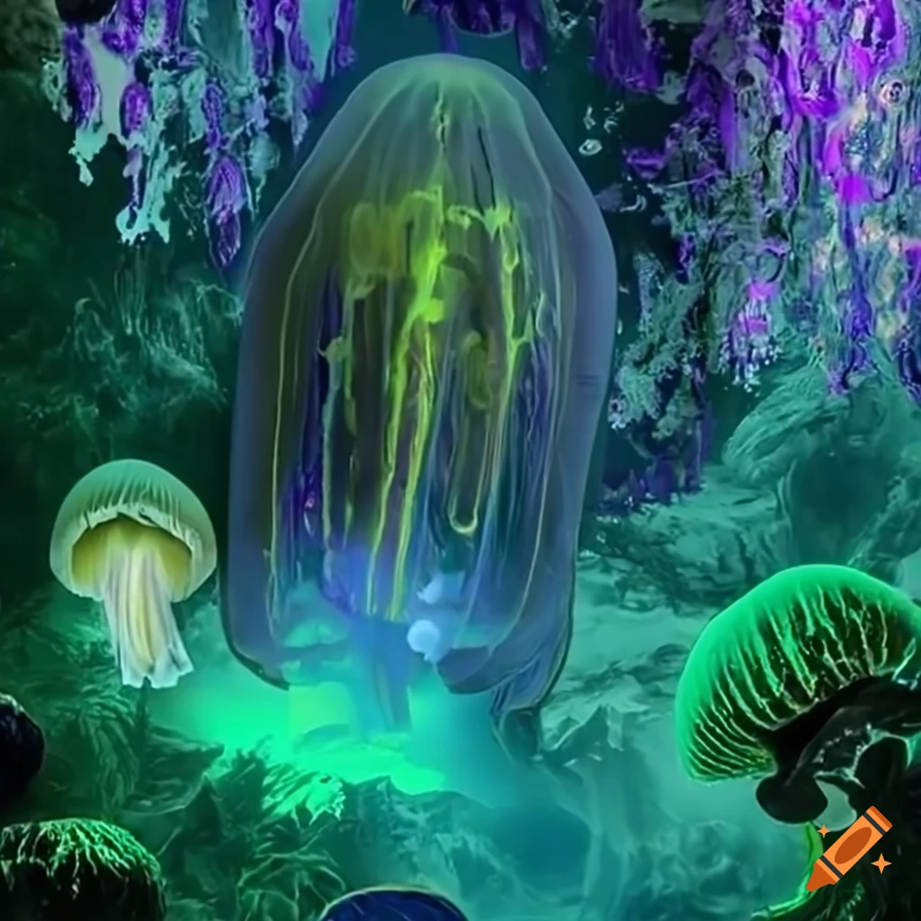 Alien Planet with glowing rivers and mystical statues, symmetrical deep ...