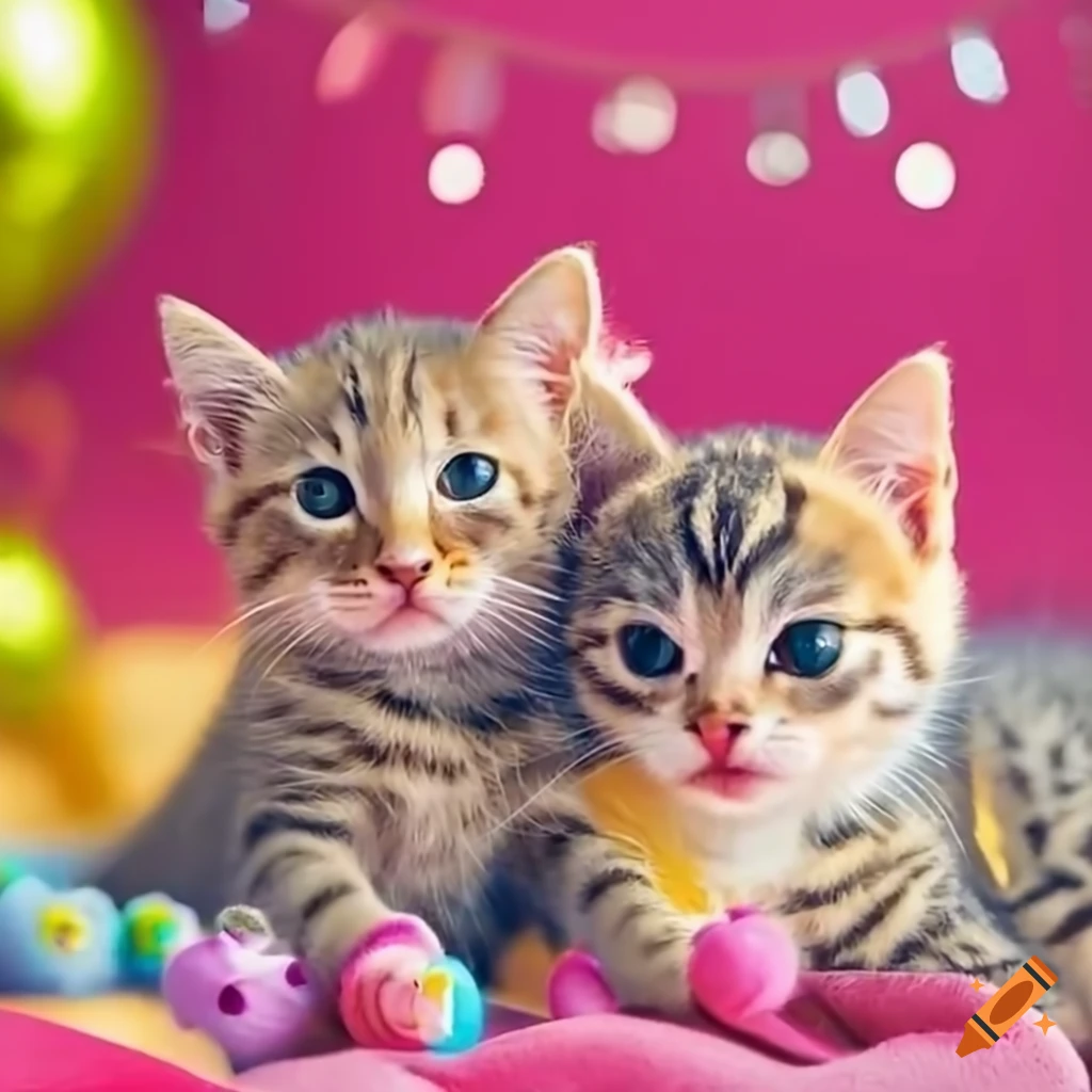 Cute kittens cuddled at a colorful get-together on Craiyon