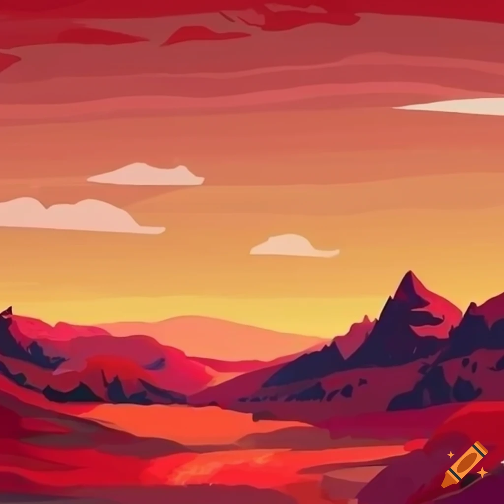 Cartoon scenery in warm red tones on Craiyon