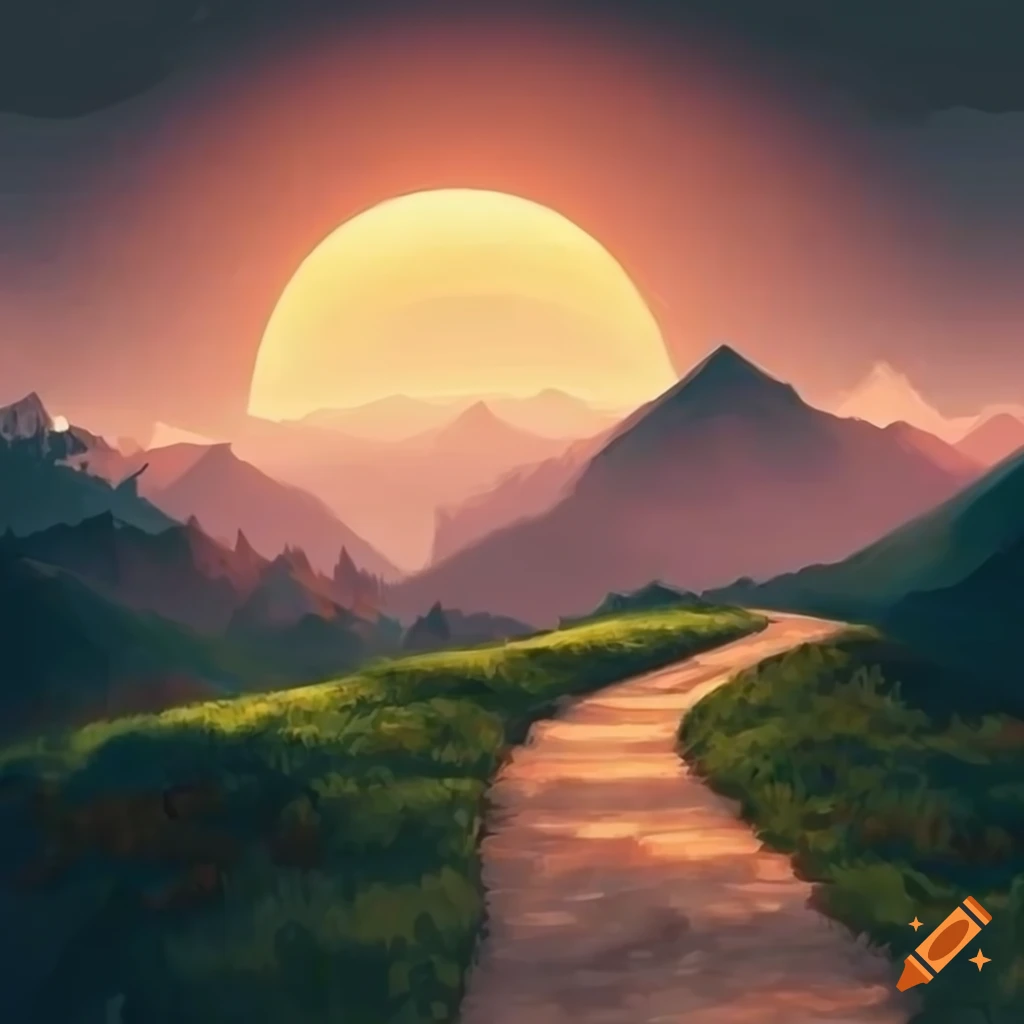 Medieval road in the countryside with mountains in the fantasy art ...