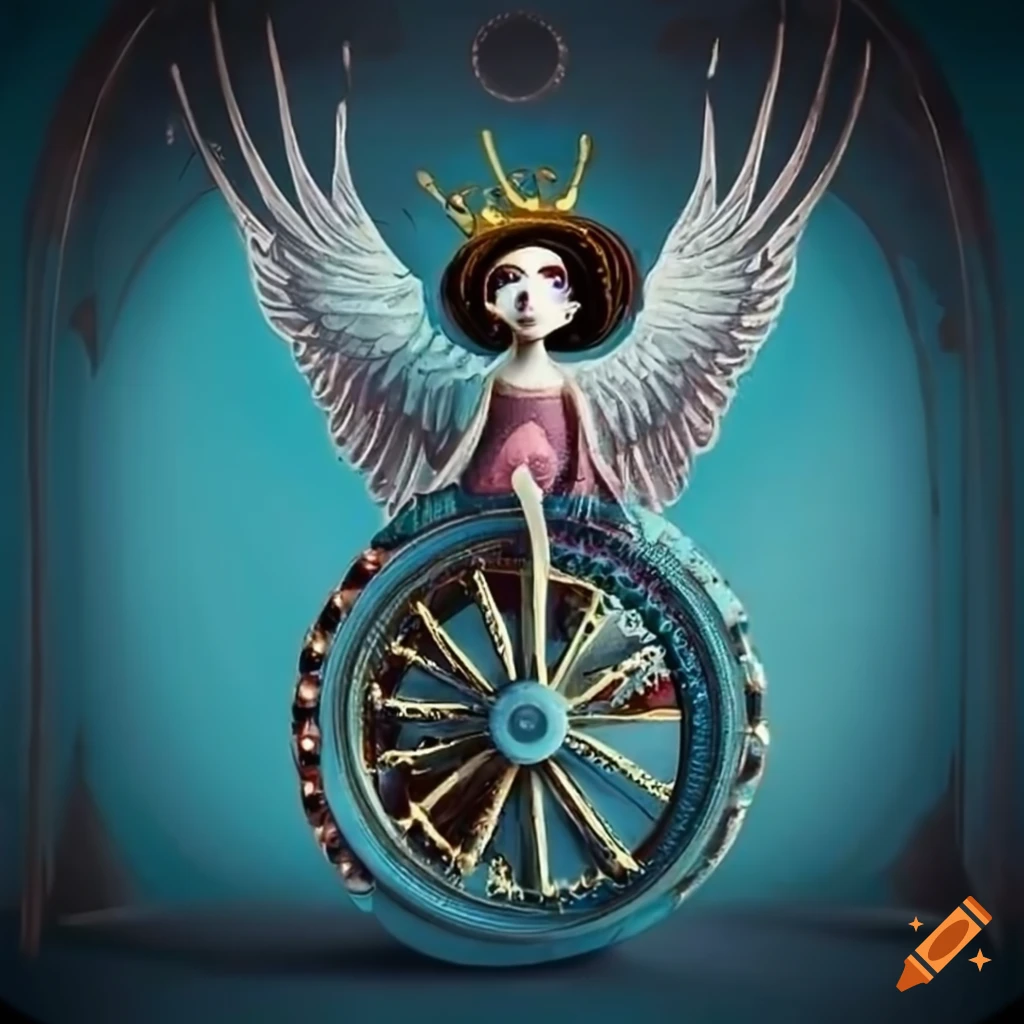 Tim Burton-style wheel with angel wings and crown on Craiyon