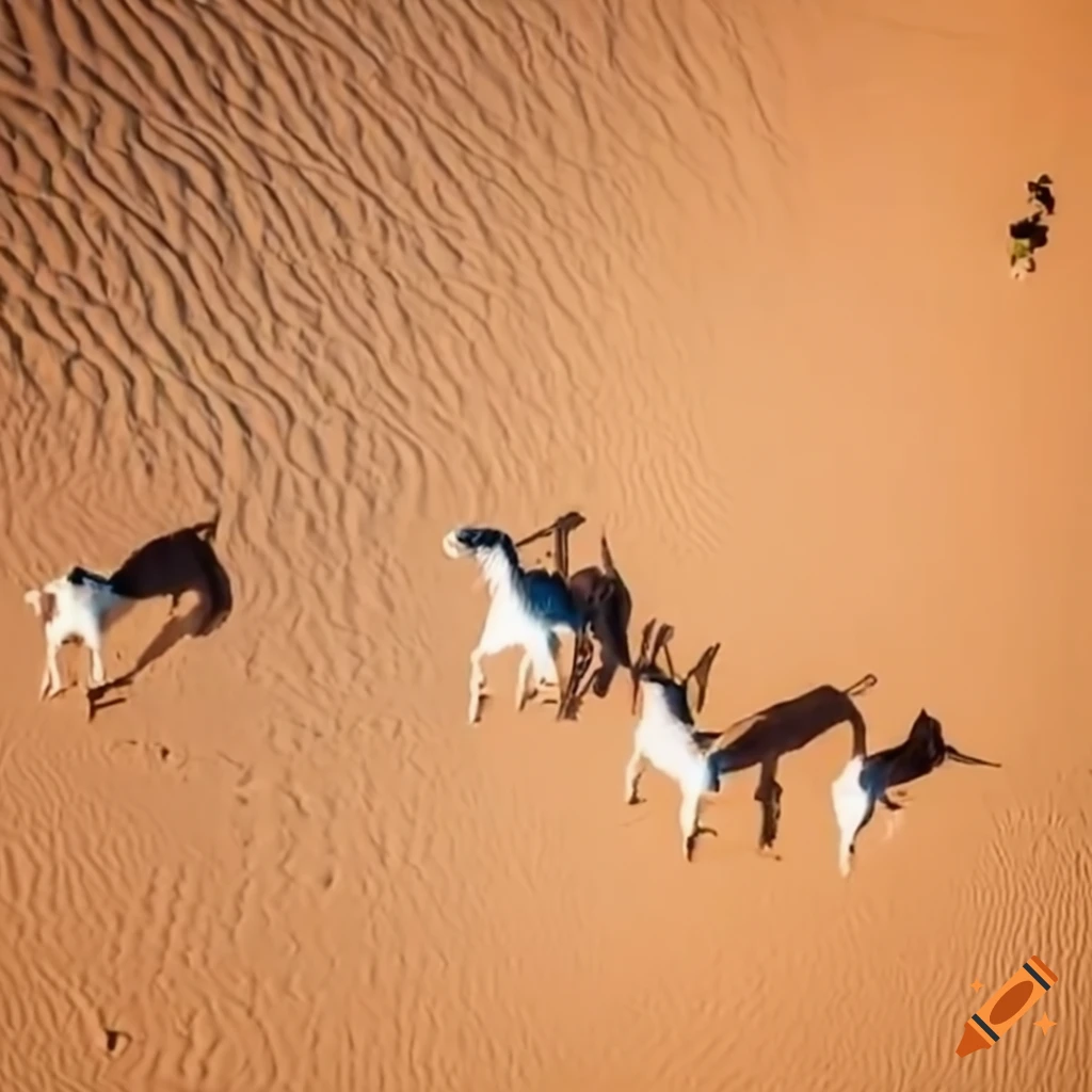 Aerial view of goats walking in the desert on Craiyon
