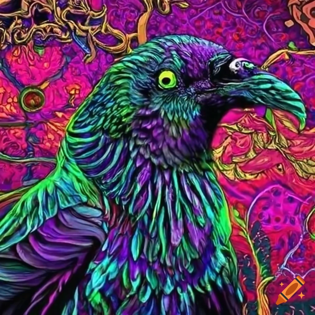 Raven bird in a psychedelic style on Craiyon