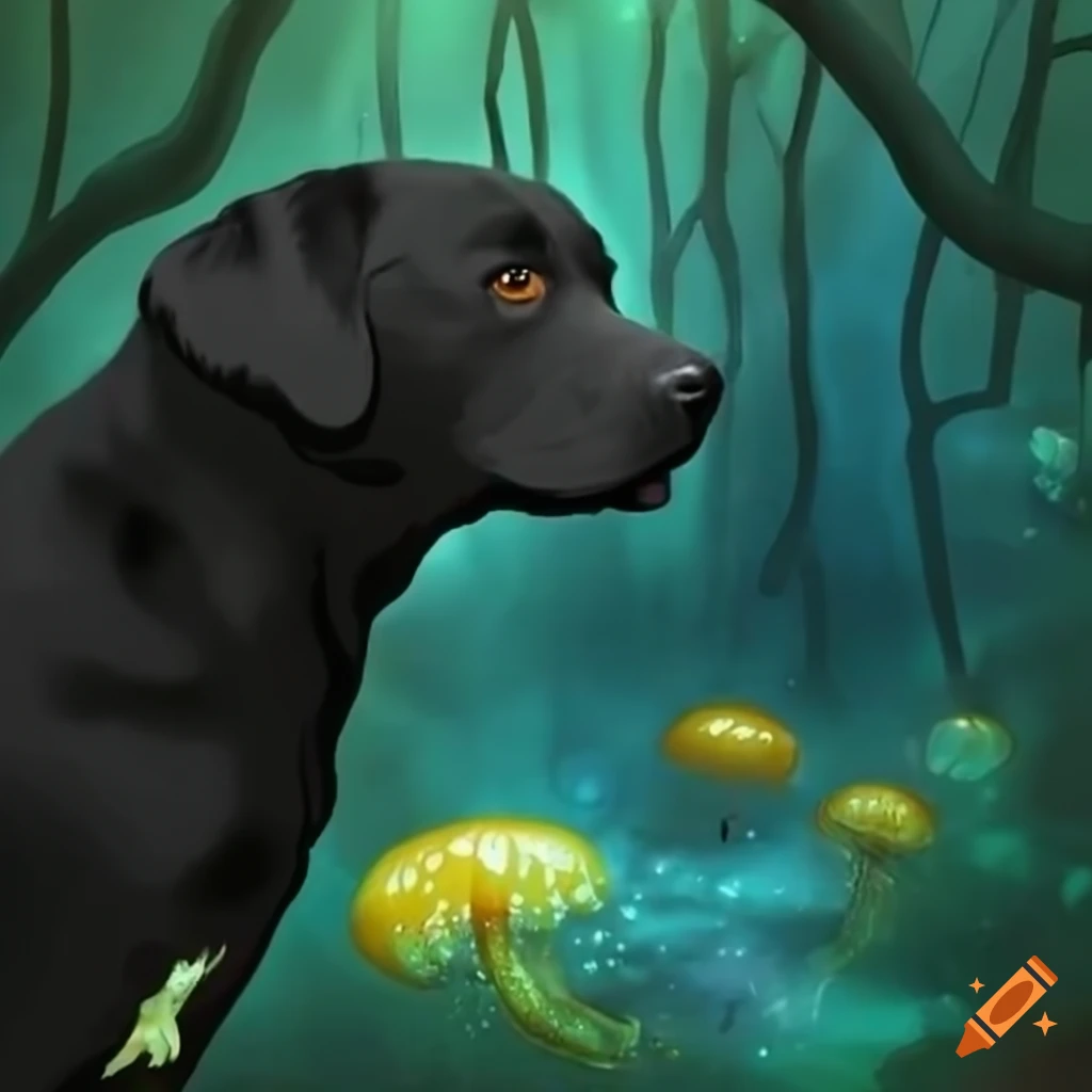 Magical forest realm with a majestic Black Labrador Retriever, towering ...