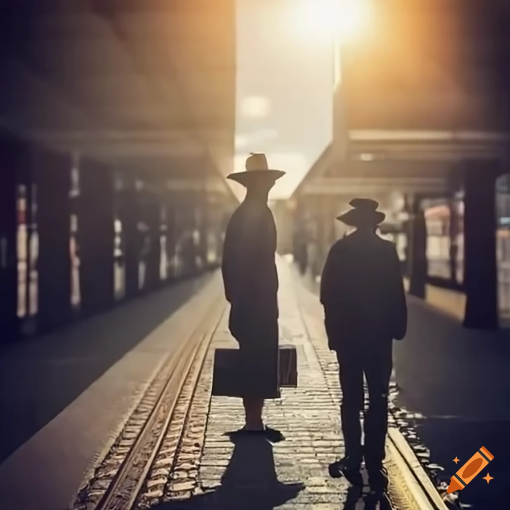 Two men having a conversation in front of a train station on a sunny ...