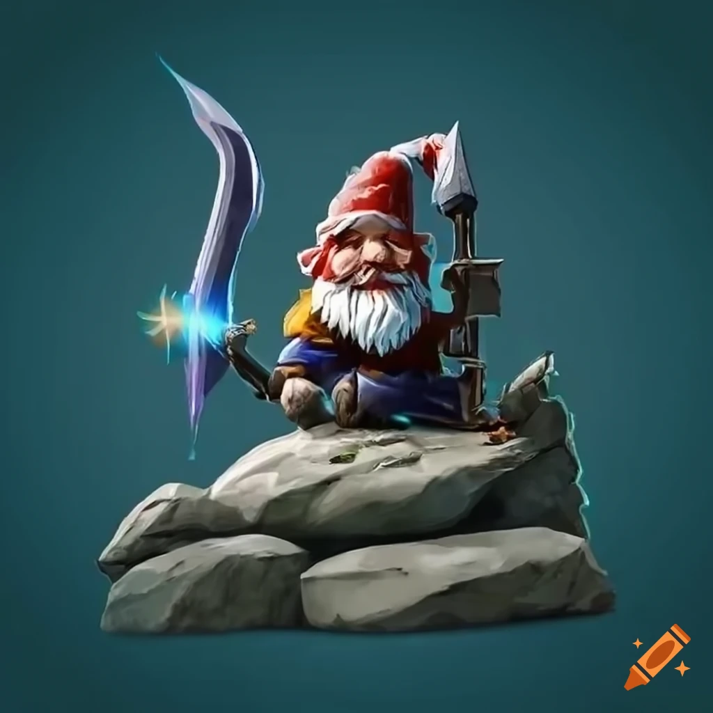 Gnome crafting swords amidst rocks on Craiyon