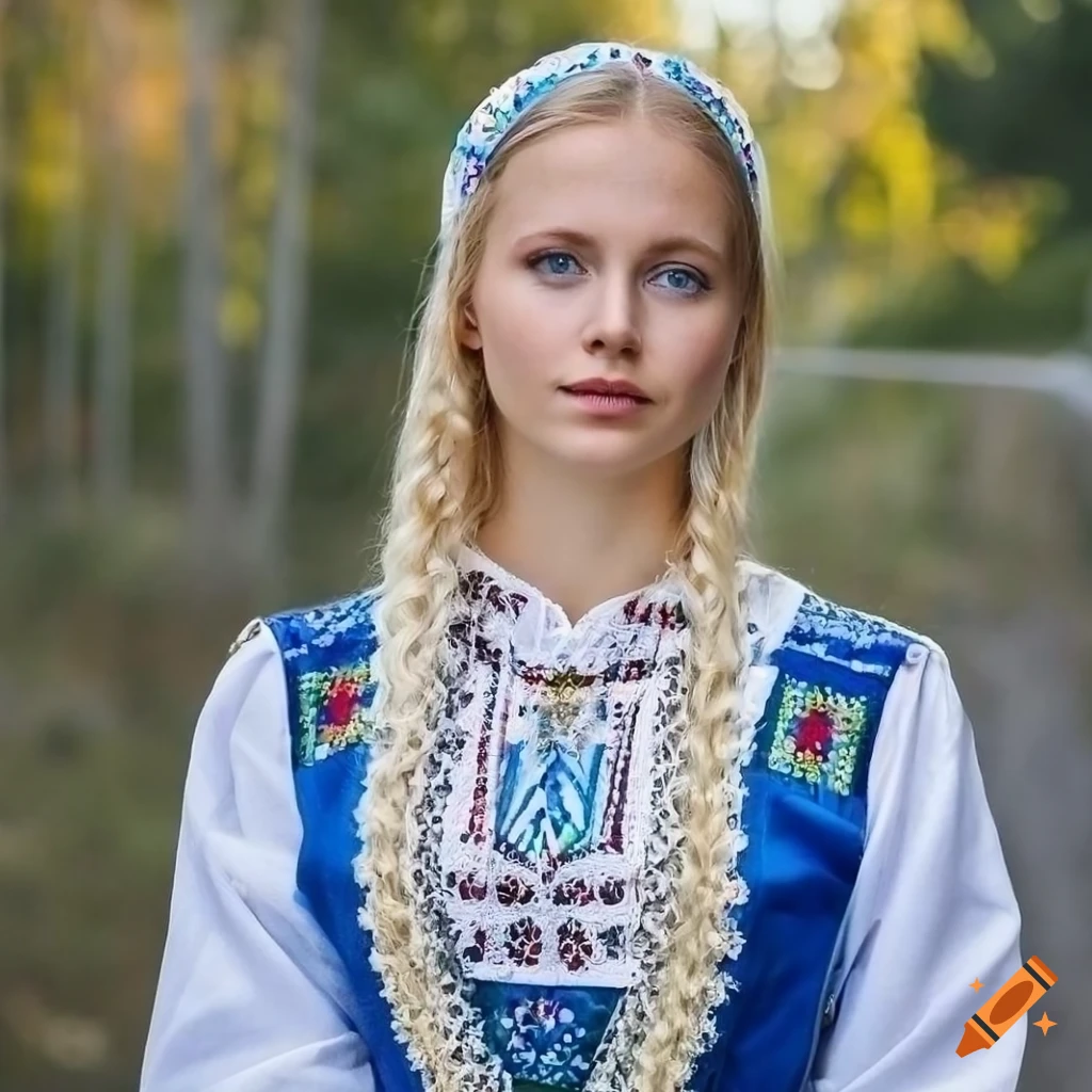 Portrait Of A Swedish Blonde Woman In Folk Dress With Light Blue Eyes