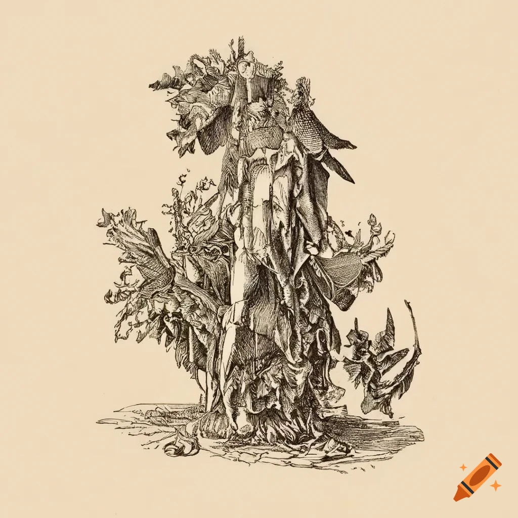 Renaissance drapery weapons illustration in a forest setting on Craiyon