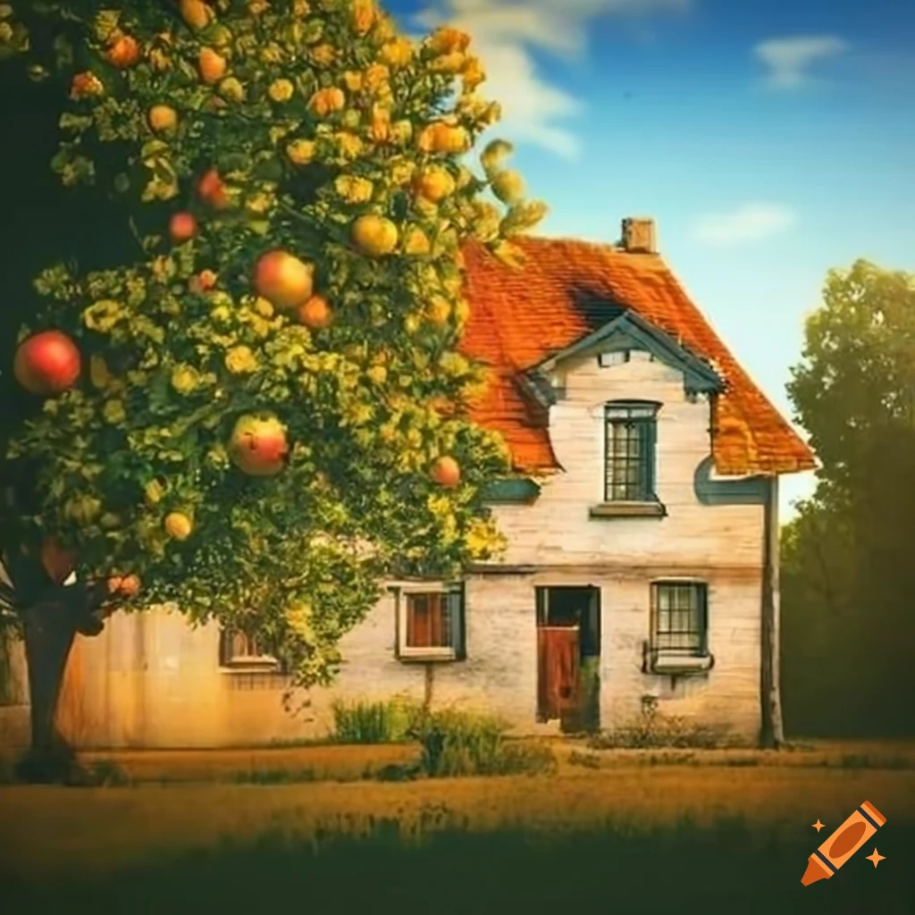 Countryside house with apple tree and open window on Craiyon