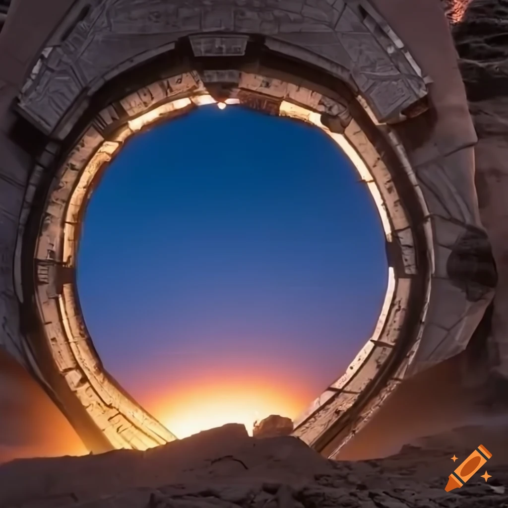 Stargate portal emerging from a pyramid at dawn on Craiyon
