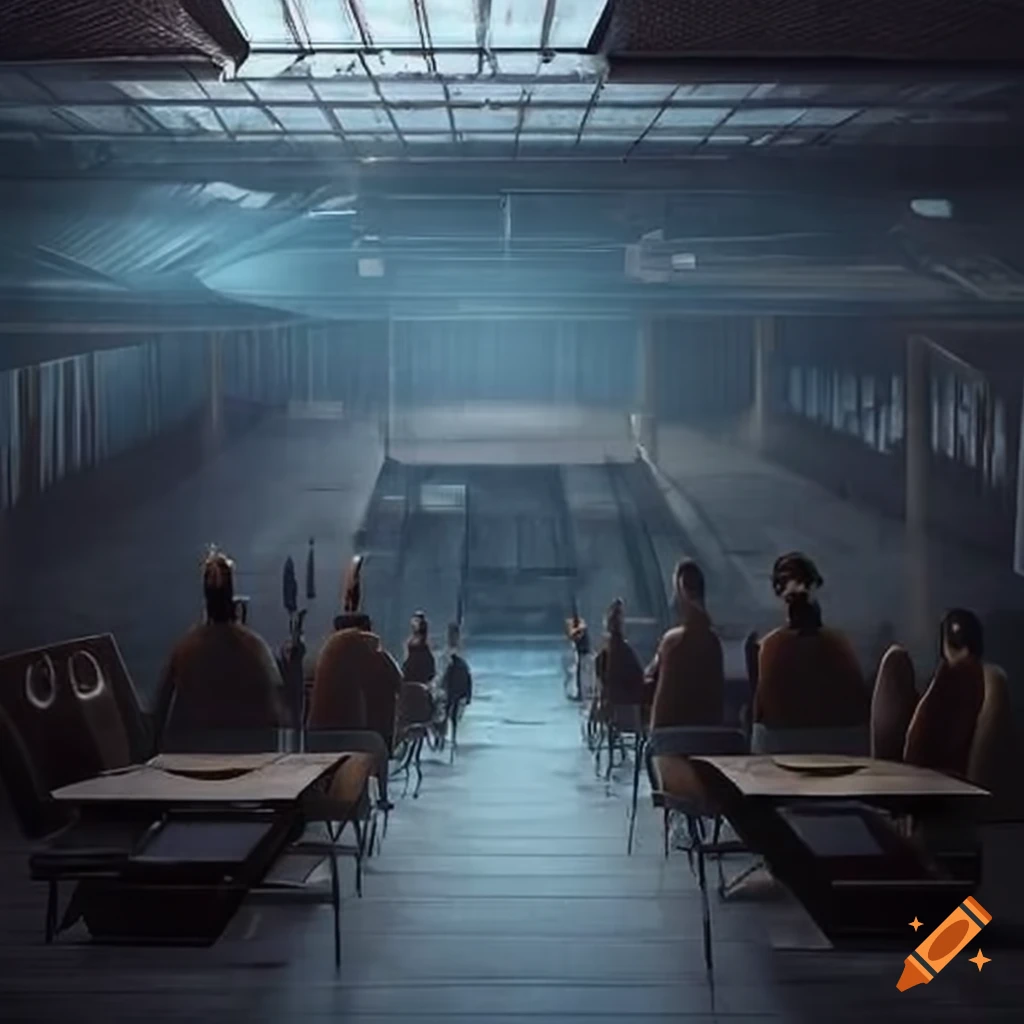 School cafeteria resembling hunger games arena on Craiyon