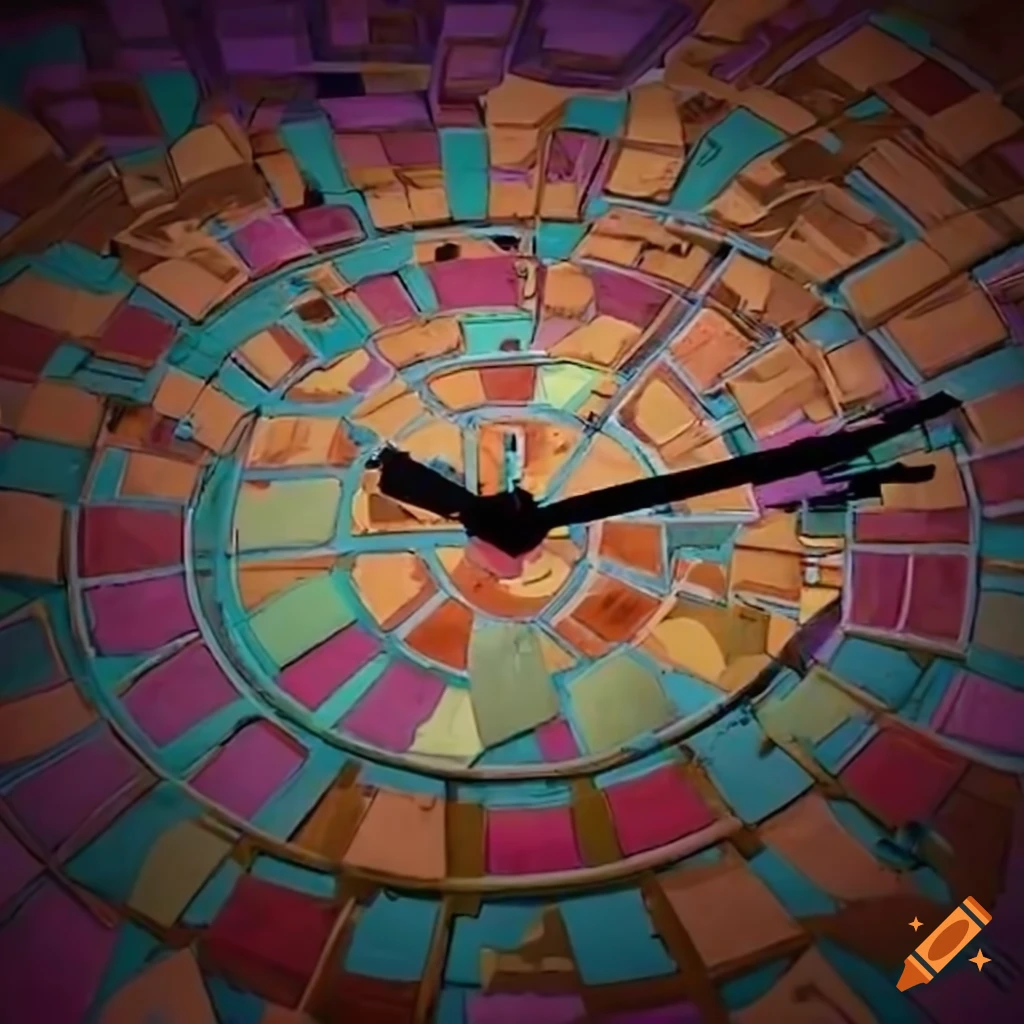 Gigantic clock embedded in the candy-colored cobblestone floor with ...