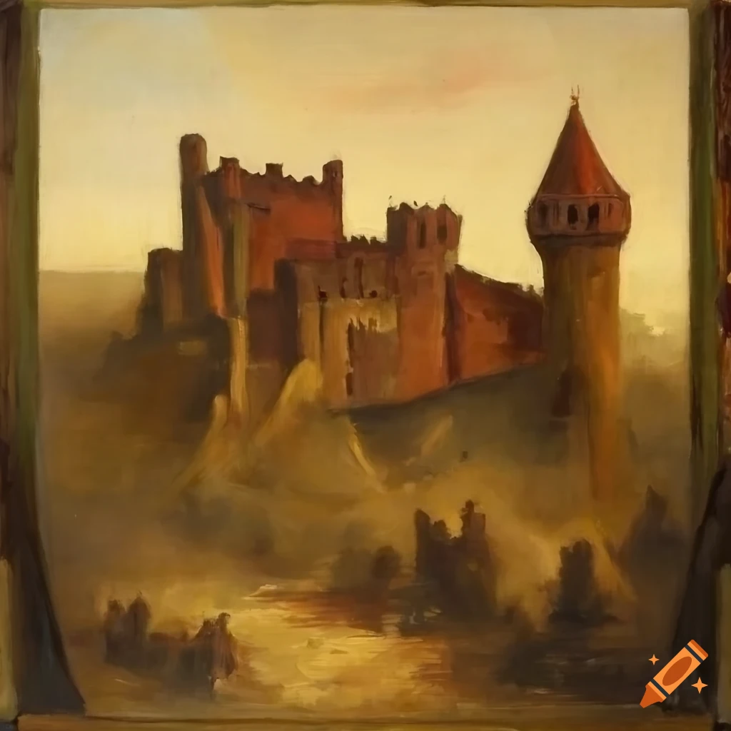 Oil painting of a medieval fortress on Craiyon