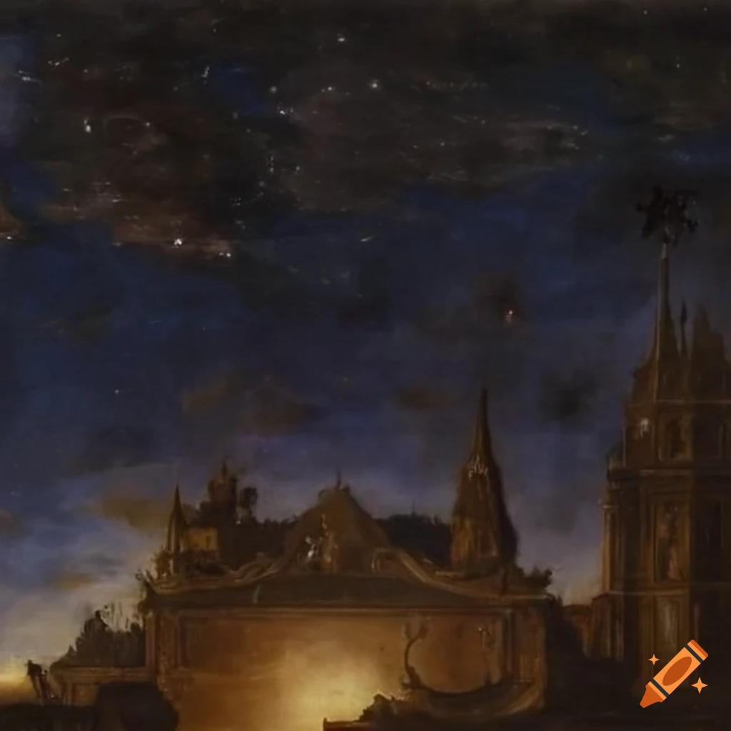 Renaissance-style night sky with celestial bodies and elegant ...