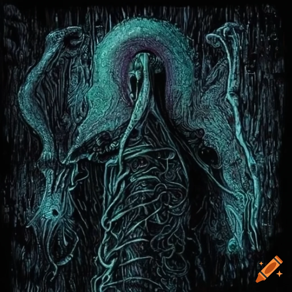 Psychedelic horror, neon noir, Lovecraft, Doré, Beksinski, Edward Gorey ...