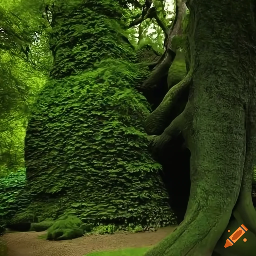 Lush vegetation with vibrant flowers, ivy-covered walls, and ancient ...