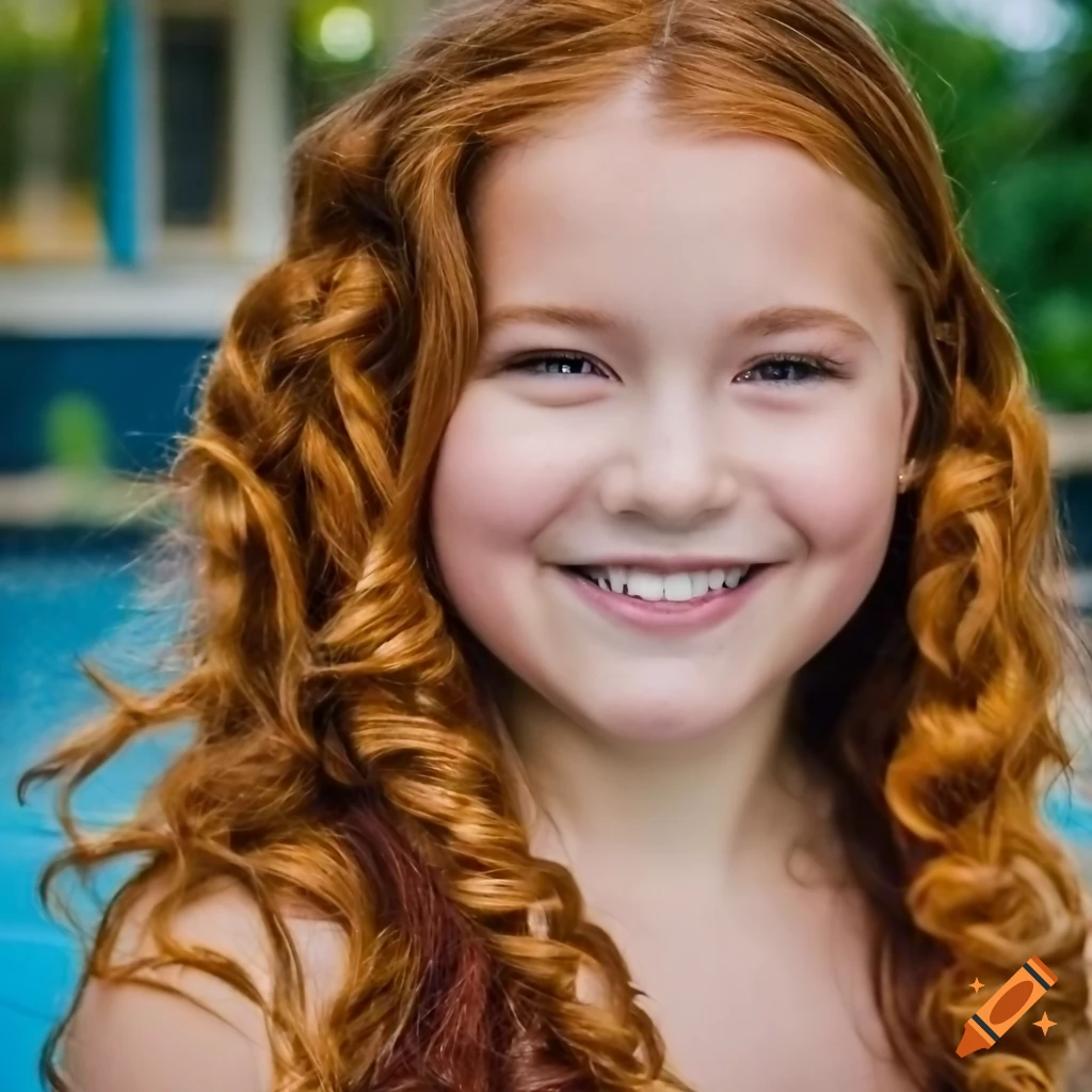 Tween girl with braided ginger hair posing in the pool on Craiyon