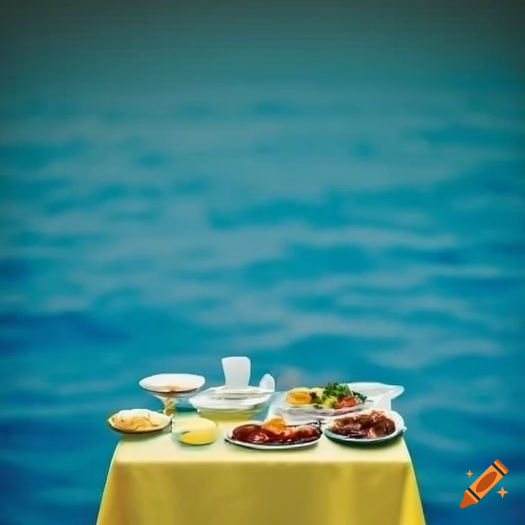 Ocean-themed blue and yellow background with a buffet breakfast on Craiyon