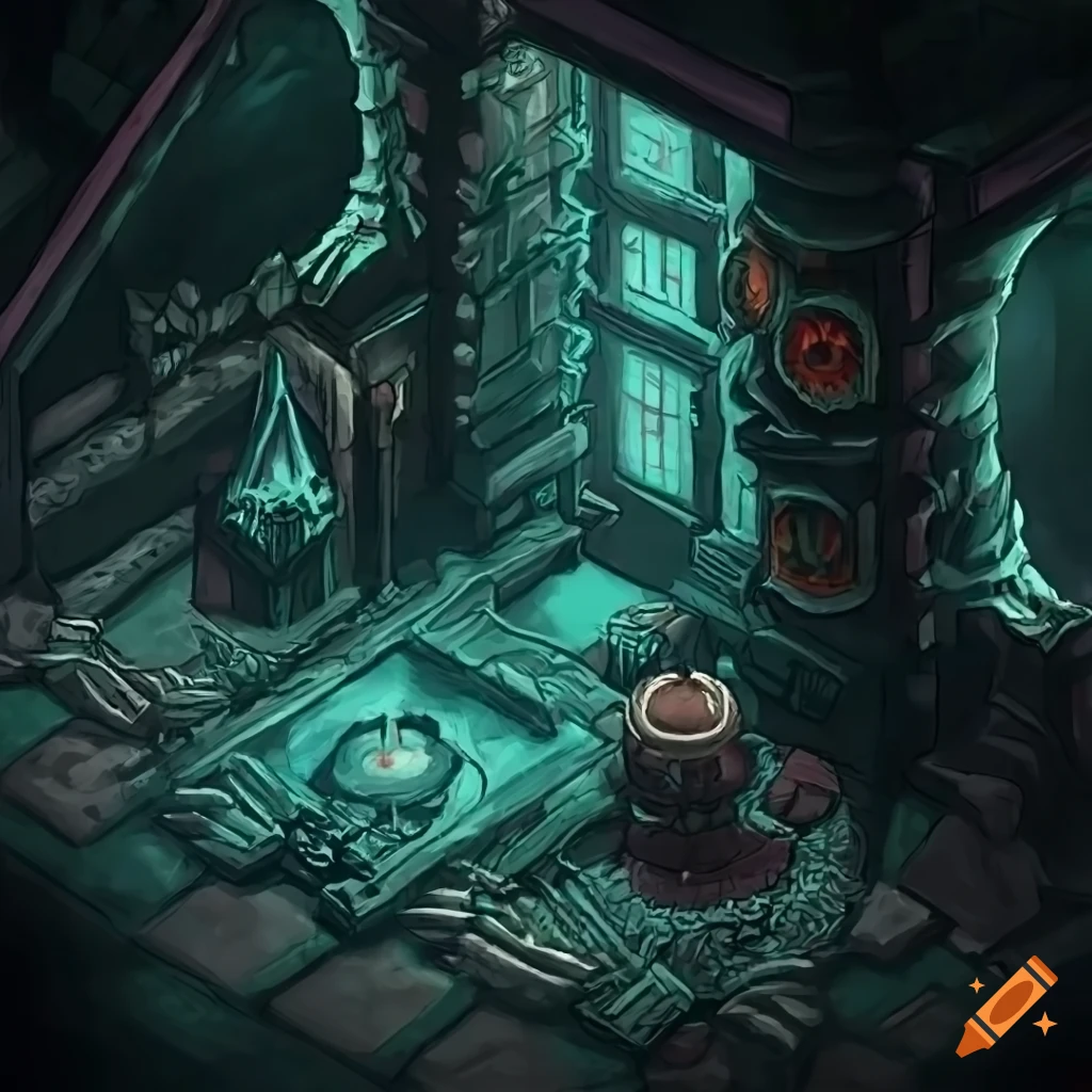 Isometric view of a necromancer's lair on Craiyon
