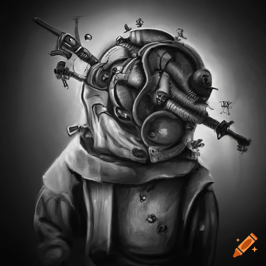 Detailed drawing of a mechanical war in greyscale, realistic style on ...