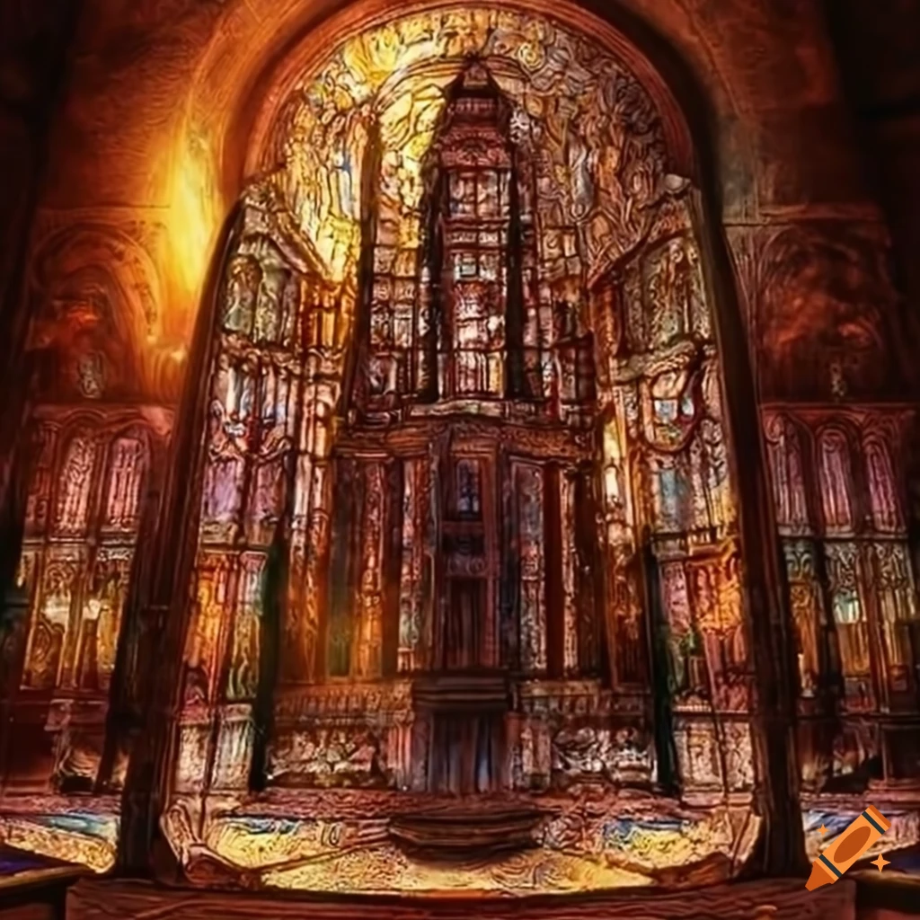 Ancient temple constructed from stained glass on Craiyon