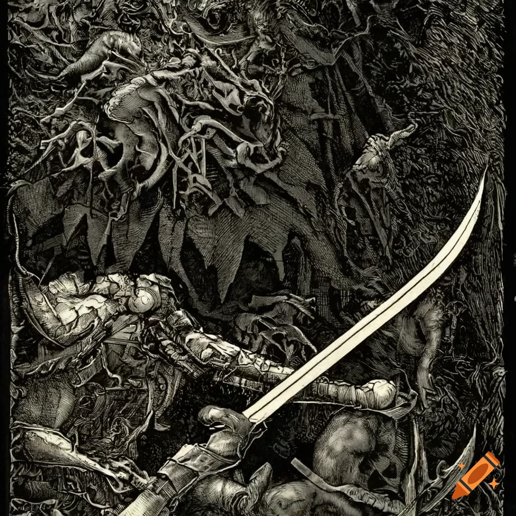 Illustration of armory weapons in a fantasy forest on Craiyon