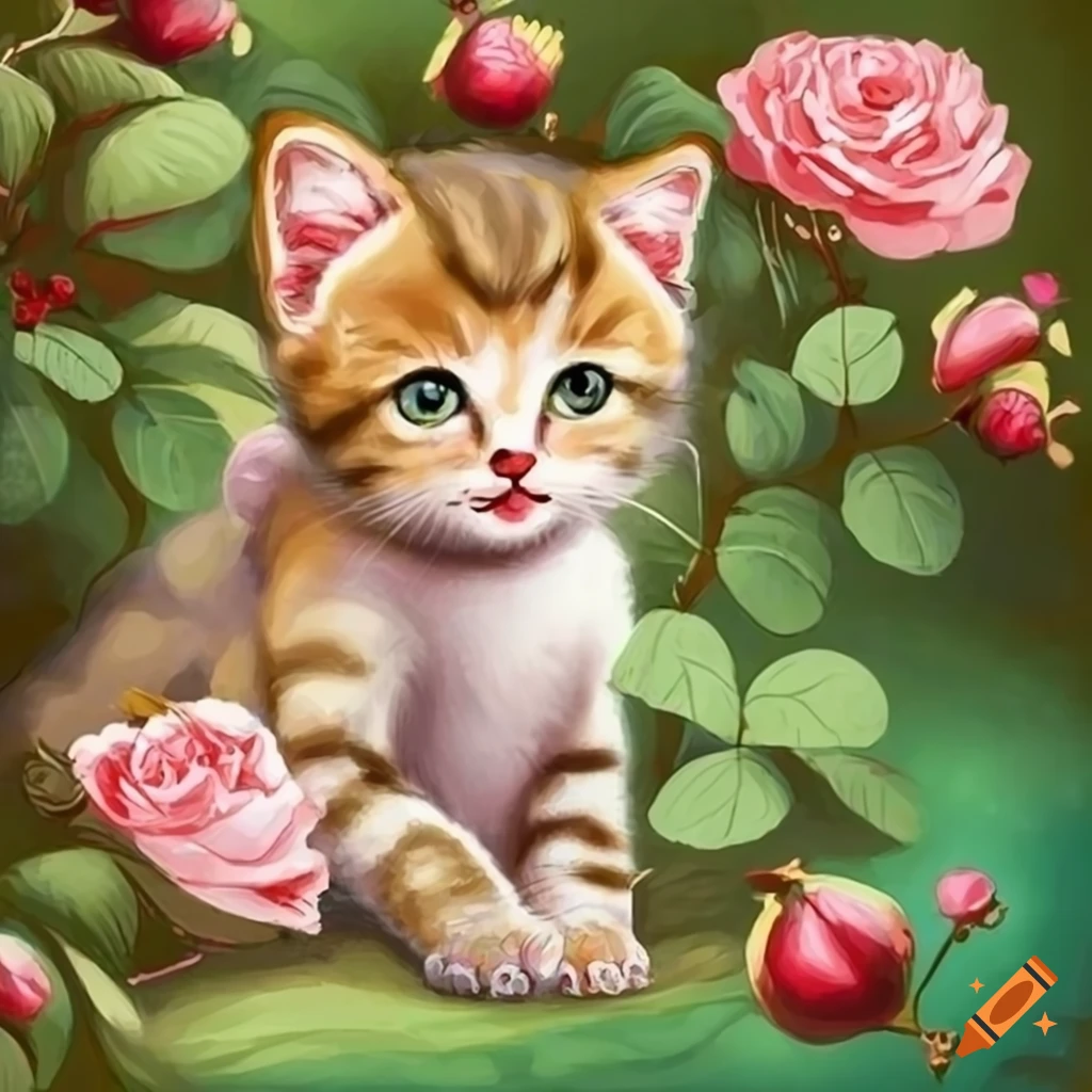 Happy kitten in a rose garden in english cottage garden style ...