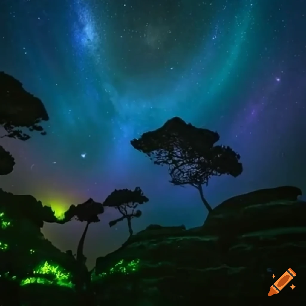 Alien environment with bioluminescent trees and celestial flowers on ...