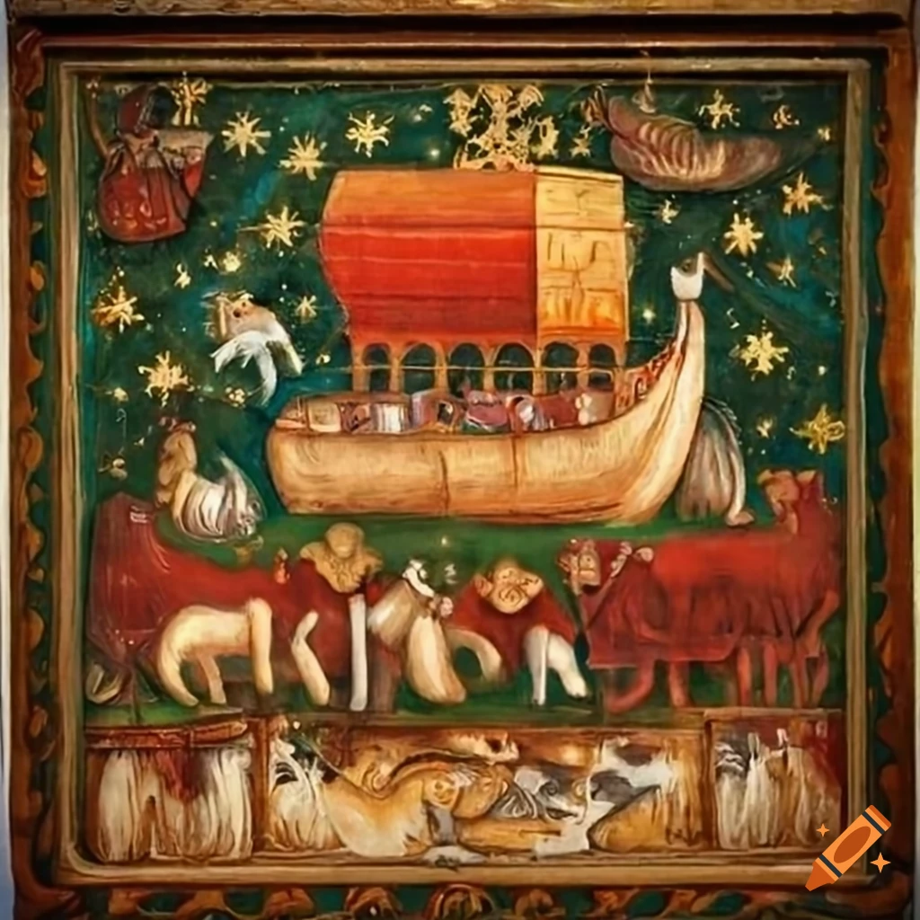 Medieval style painting of a christmas tree with noahs ark details on ...