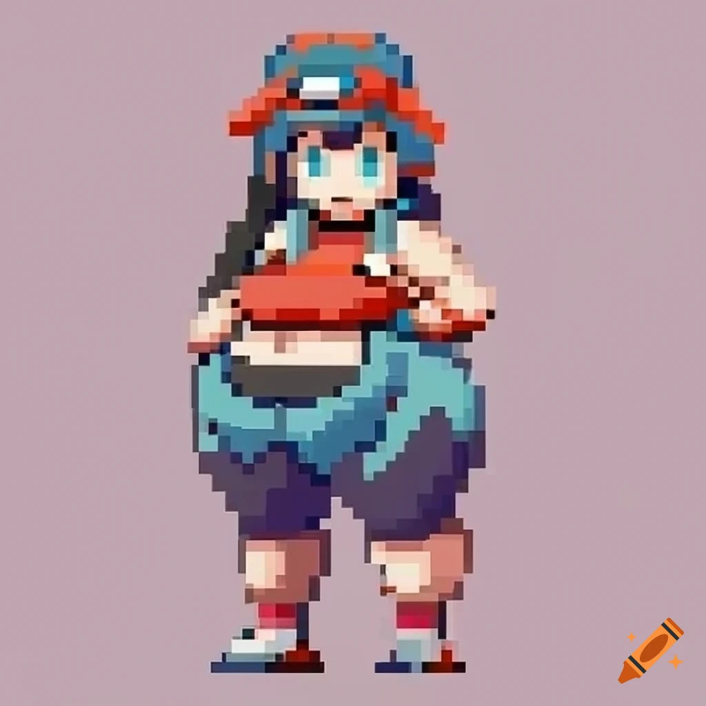 Full body pixel art of a female Pokemon trainer on Craiyon