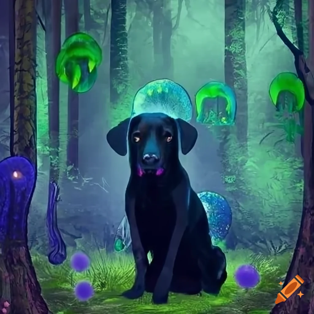 Magical forest realm with a majestic black labrador retriever, towering ...