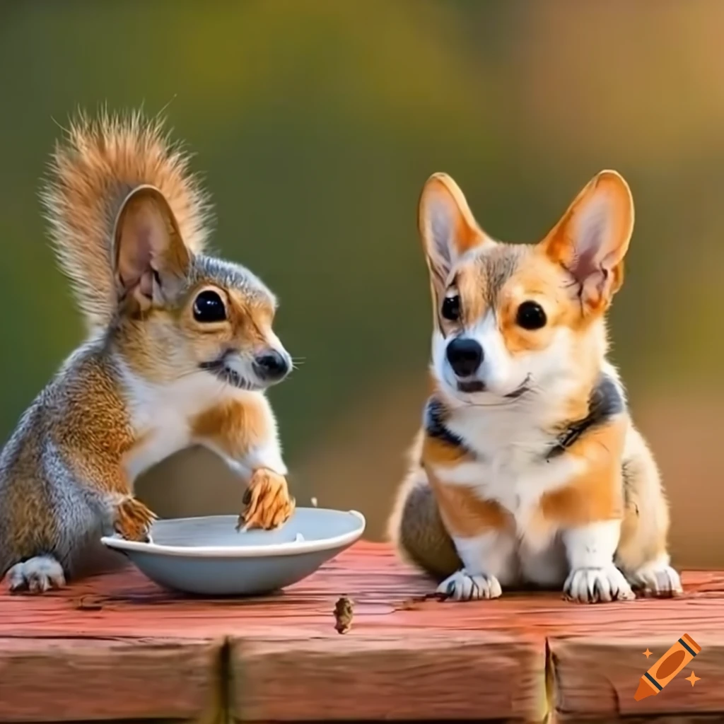 Squirrel and corgi struggling for a plate of lasagne on Craiyon