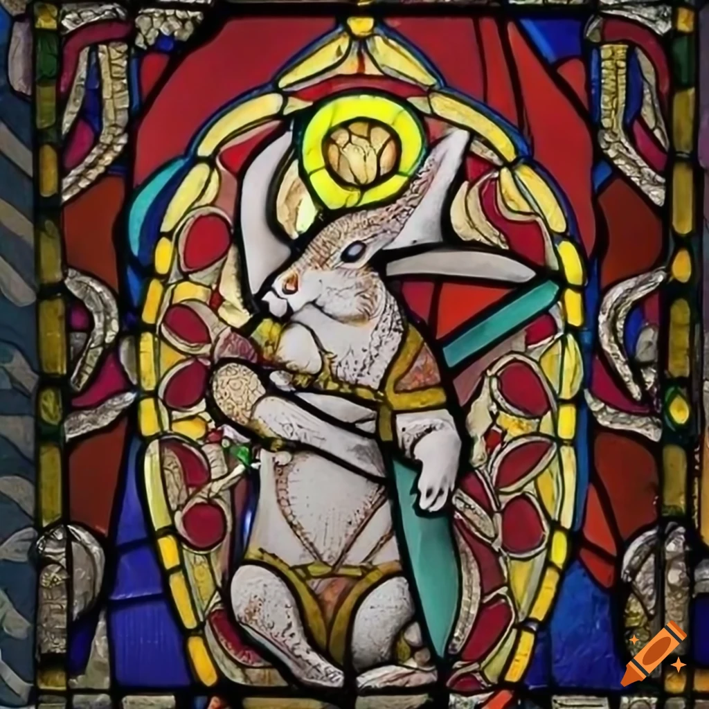 Stained glass showing magical rabbit battling roman legion on Craiyon