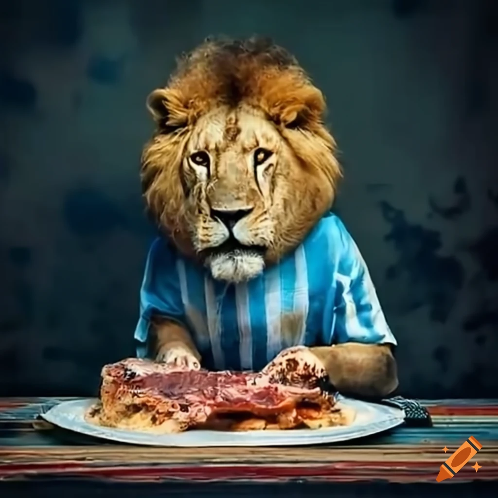Lion wearing an argentine shirt grilling meat with the president on Craiyon