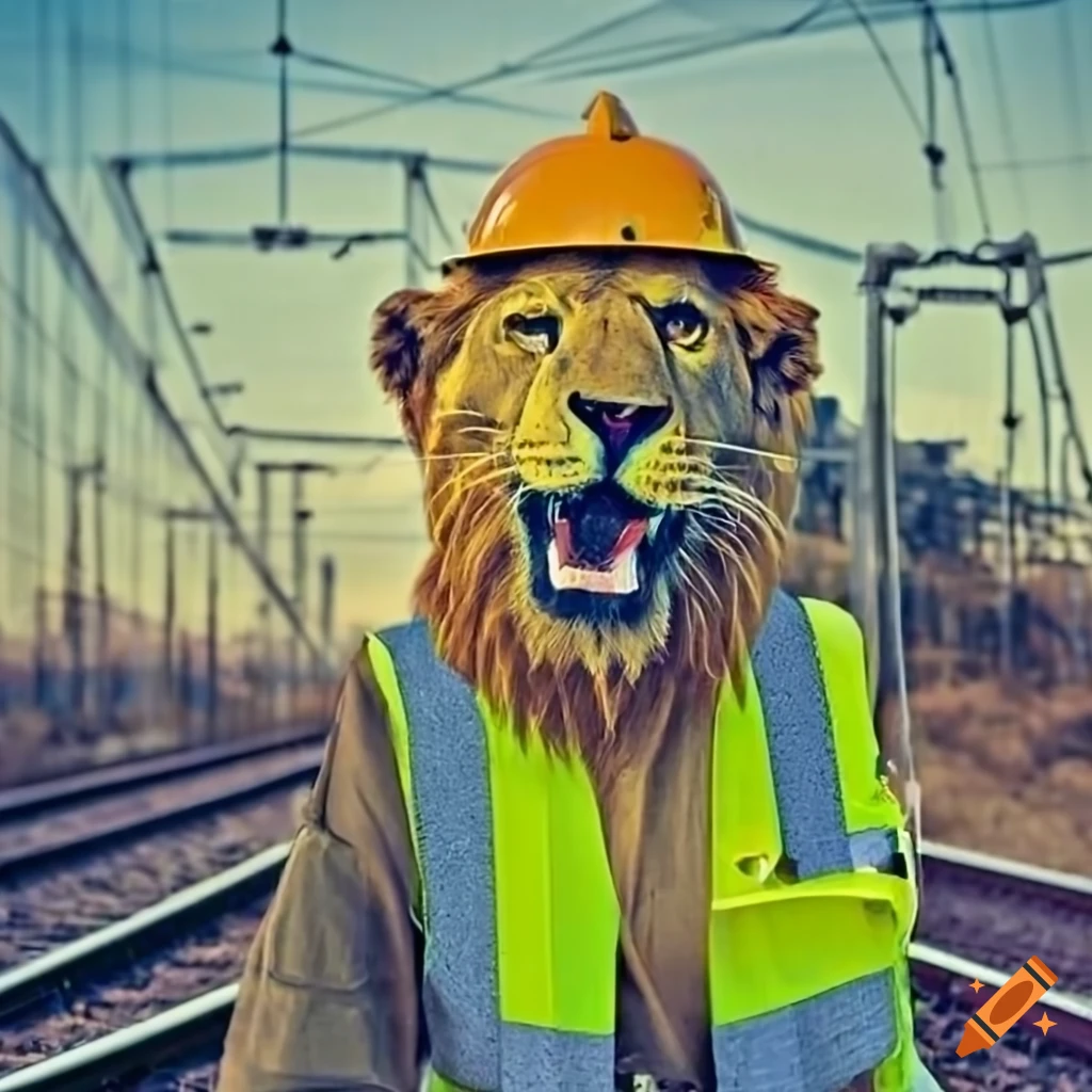 Anthropomorphic lion with reflective vest and wrench on railroad tracks ...
