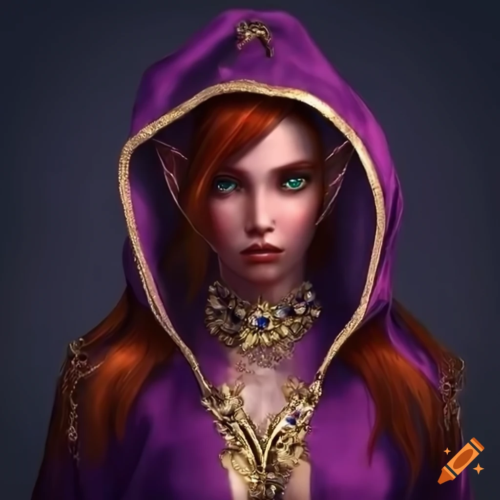 Female elf with red-brown hair and green eyes wearing a purple silk ...
