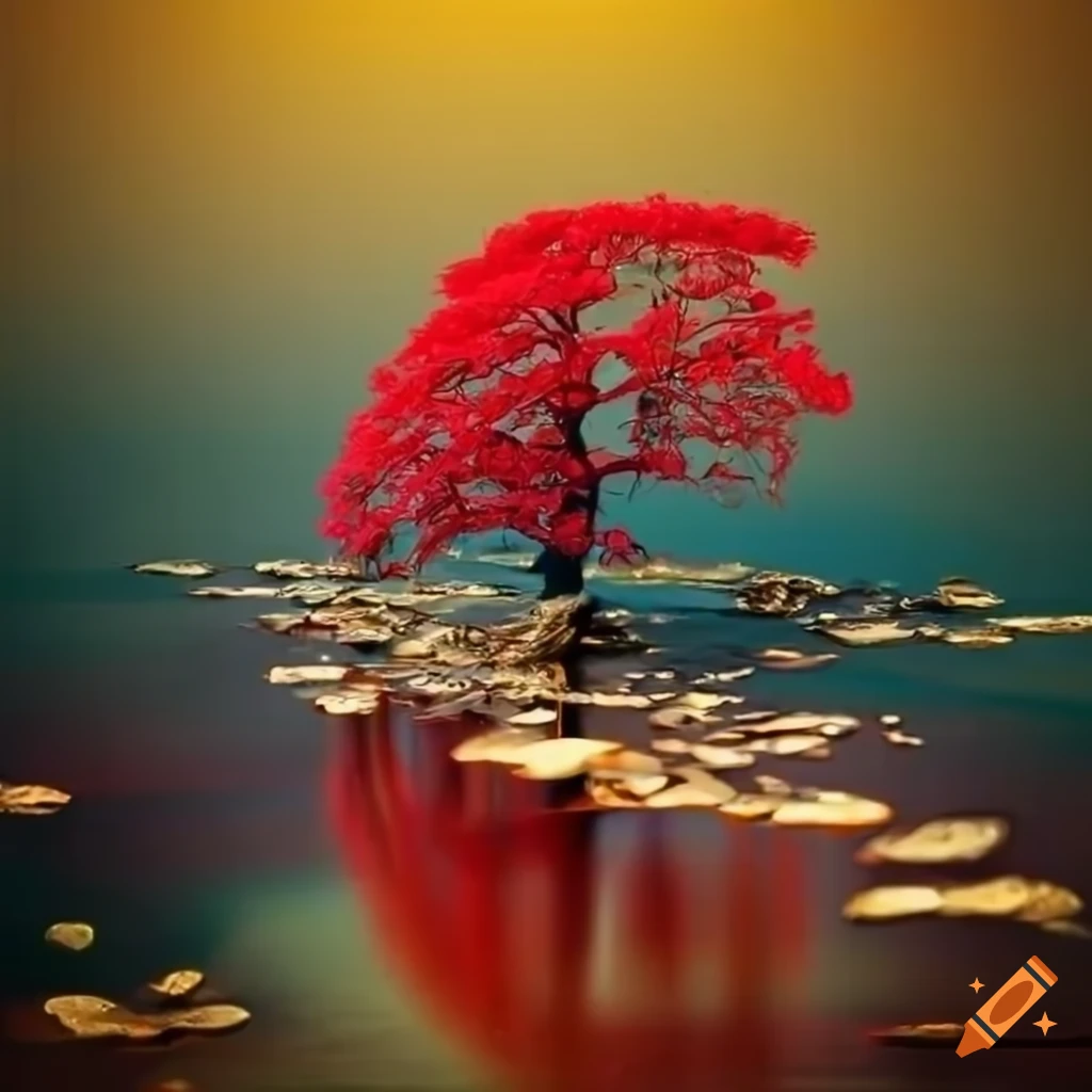 Gold and silver tree with red flowers in a colorful water landscape ...