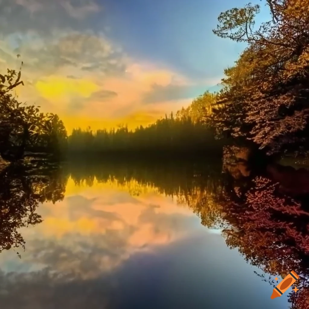 Golden hour in the forest with a saltwater lake fed by a mountain river ...