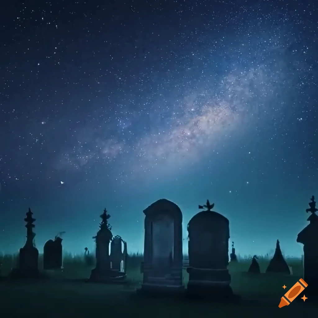Starry night sky over an old foggy cemetery in 4k resolution on Craiyon