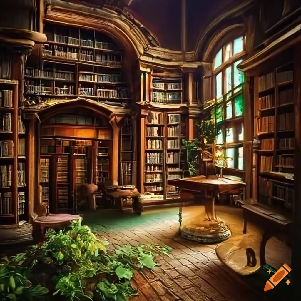 Fantasy library filled with flowers and plants in the morning light on ...