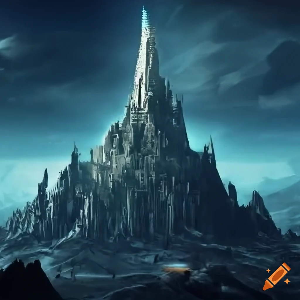 Massive mountain with a fantasy science fiction city and modern white castle at the top on Craiyon