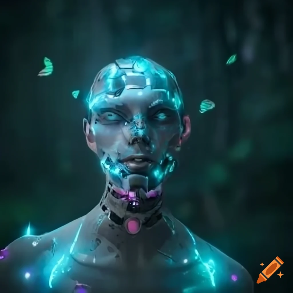 Glowing male cyborg's head emerging from forest floor with glowing ...