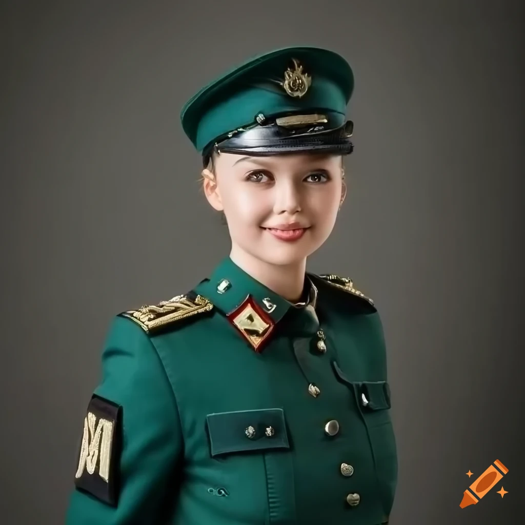 Eighteen year old female cadet in dark green uniform with military ...