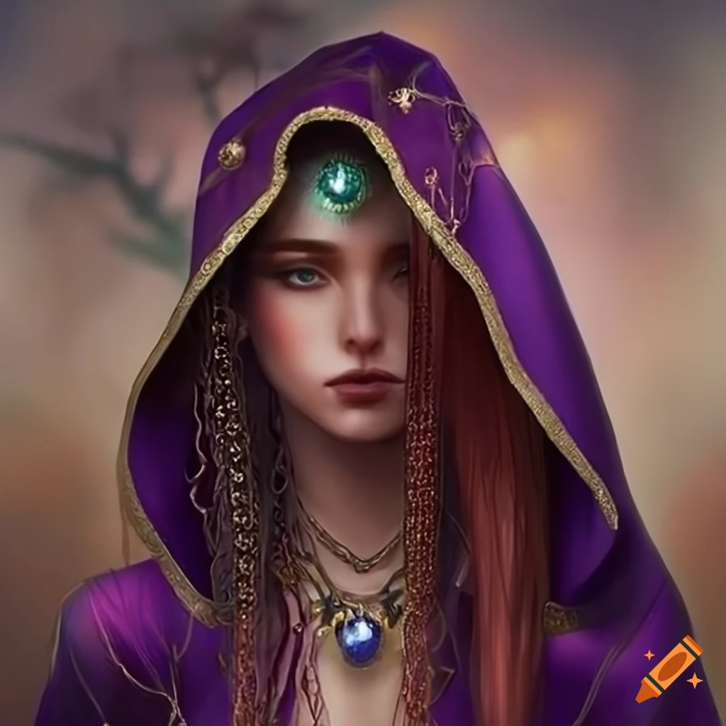 Ethereal female elf with red-brown hair and a purple silk hooded cape ...
