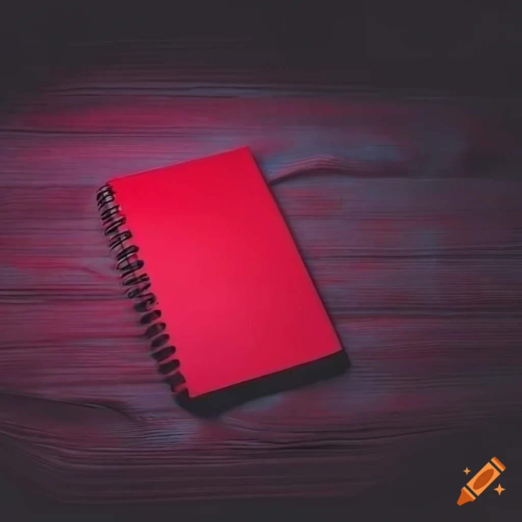 Red spiral notebook on black wood table with neon smoke, high ...